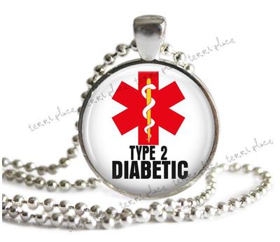 Type 2 Diabetic Medical Alert Necklace Glass Top Pendant Silver Setting ...