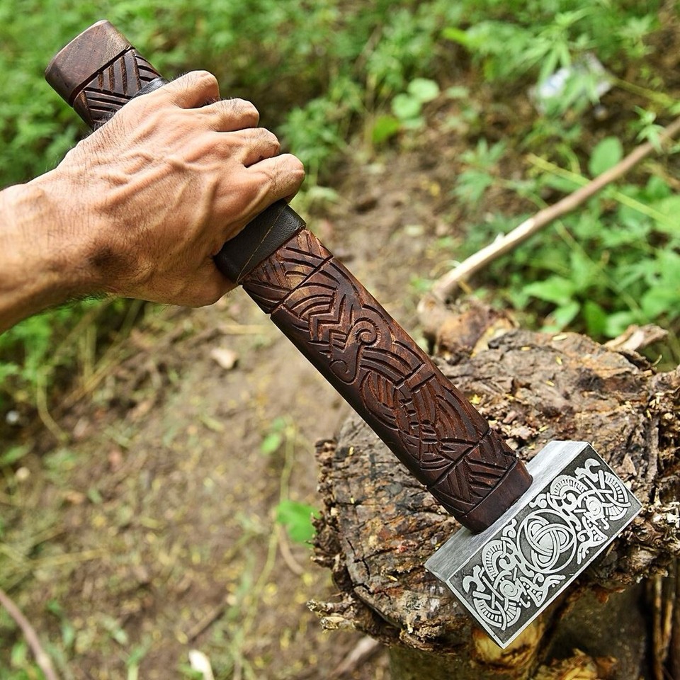 Rare Handmade Viking Battle Hammer Engrave Wood Handle Medieval War ...