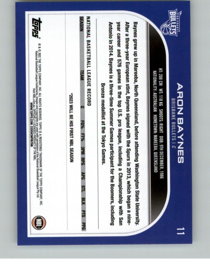 2022-23 Topps NBL Aron Baynes #11 Brisbane Bullets | eBay