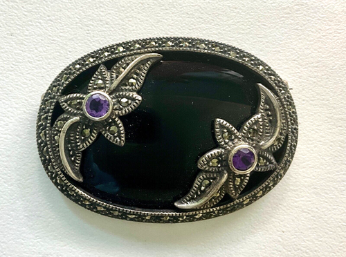BU55 Judith Jack 925 Sterling Silver Marcasite Onyx & Amethyst Floral ...