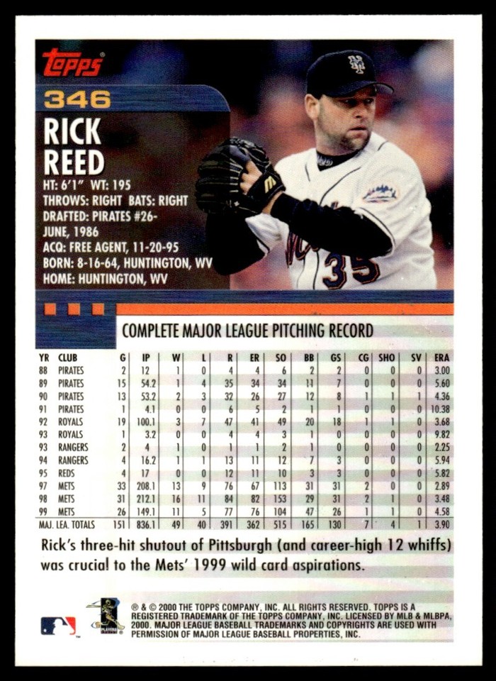 2000 Topps Rick Reed New York Mets #346 17429 | eBay