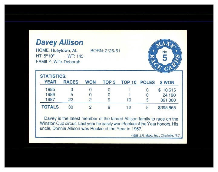Davey Allison 1988 Maxx Race Cards Rookie Card #5 MINT | eBay