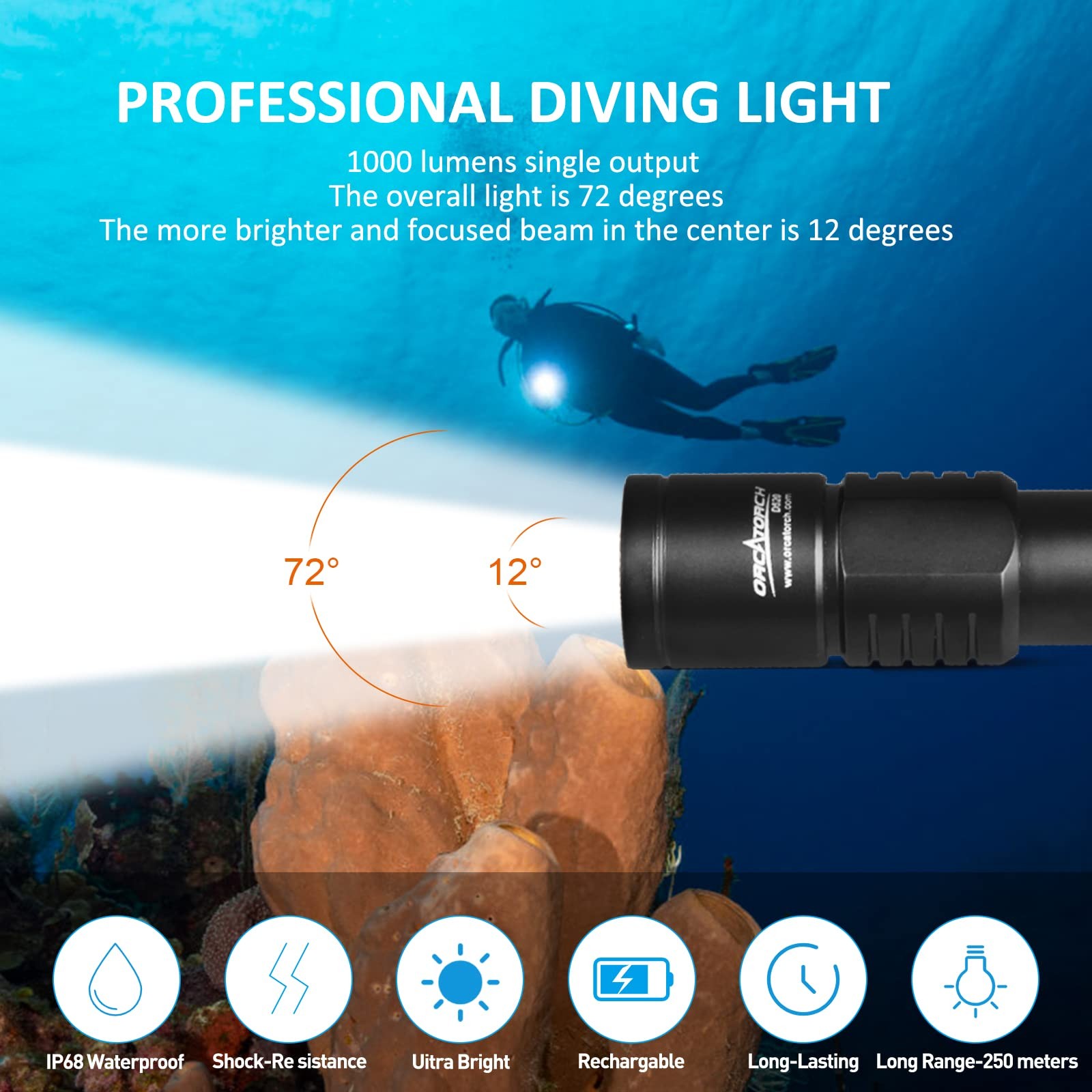 D520 Scuba Dive Light 1000 Lumens Compact Diving Flashlight IP68 ...