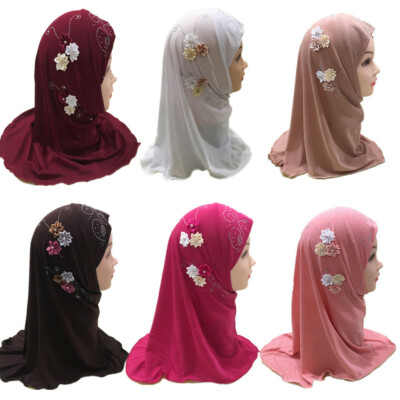 Muslim Kids Long Scarf Floral Hijab Headscarf Wrap Islam Amira hats ...
