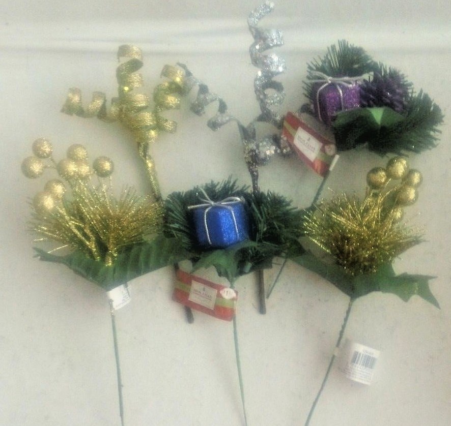 Six (6) NWT Assorted Christmas Craft Picks, Gold Glitter Balls, Twists ...