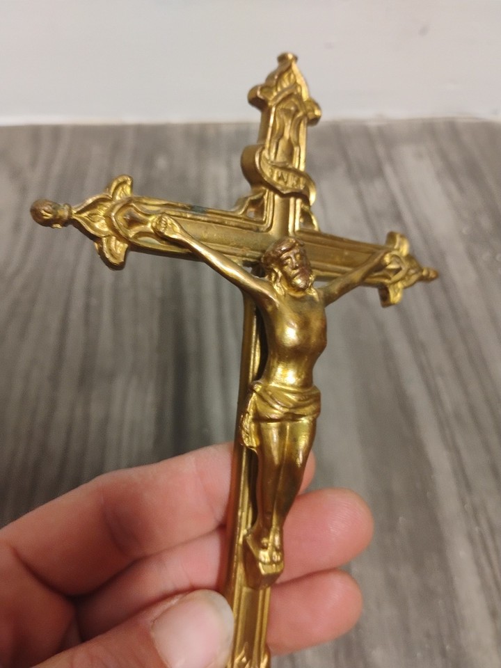 Vintage Ornate Gilded Altar Table Cross Standing Crucifix 7.5” INRI ...