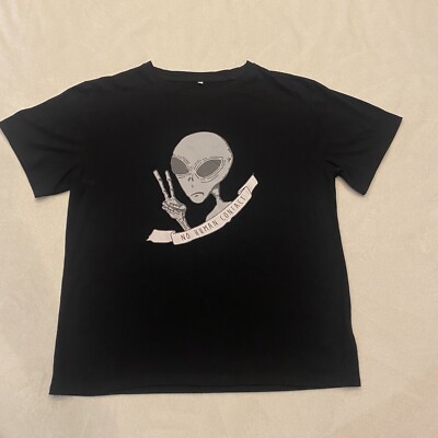 No Human Contact Alien Peace Sign Cotton Tee Black Gray Size Large ...