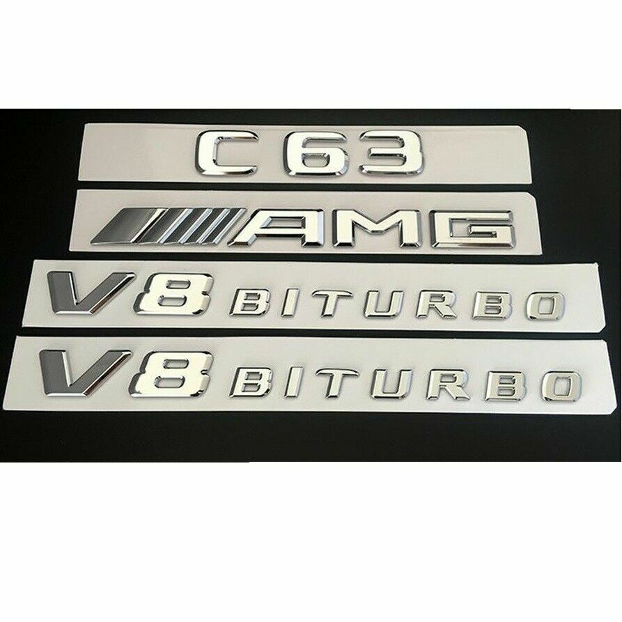 Chrome C63 AMG V8 BITURBO Trunk Fender Badges Emblems for Mercedes Benz ...