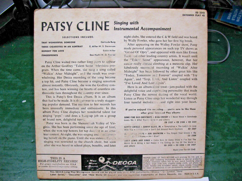 PATSY CLINE DECCA EXTENDED PLAY ED 2542 VINYL 45 RPM RECORD 1950's ...
