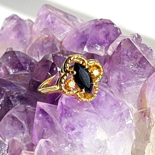 Vtg 14K HGE ESPO LIND Gold Ring Black Marquise Stone w/ Crystal Accents ...