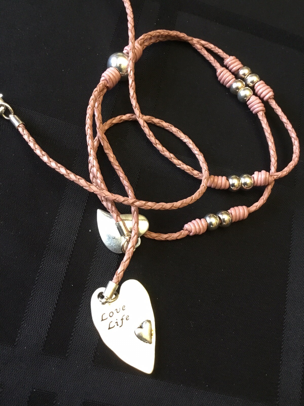 DiDDi Love Life Necklace Silver Tone Heart Pendants Mauve Tone Leather ...