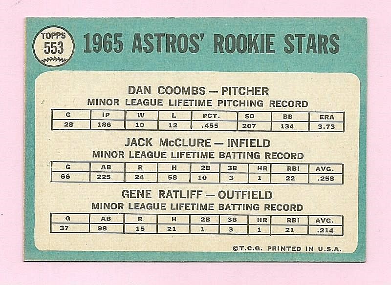 Dan Coombs Jack McClure Gene Ratliff 1965 Topps Astros Rookie Stars ...