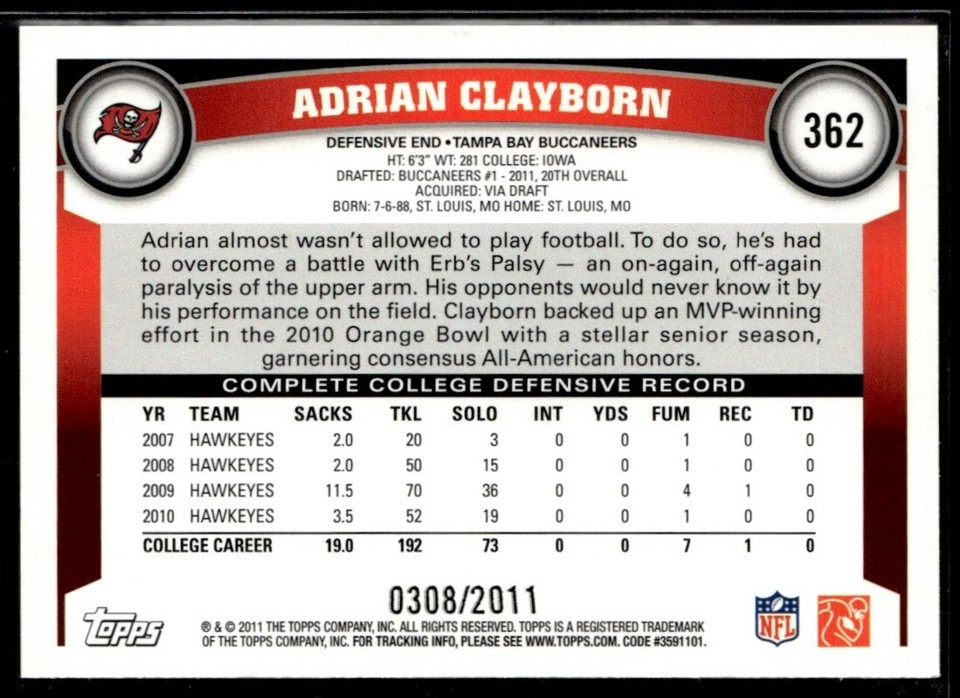 2011 Topps Gold Adrian Clayborn 0308/2011 Tampa Bay Buccaneers #362 | eBay