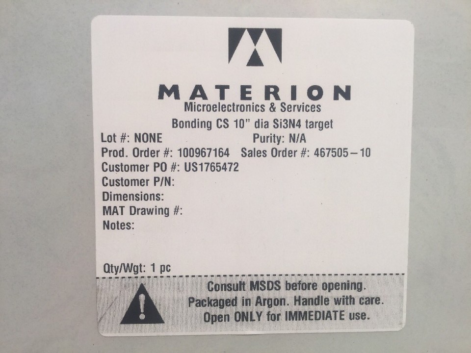 MATERION Microelectronics 10” Bonding CS Si3N4 SPUTTER PLATE,TARGET w ...