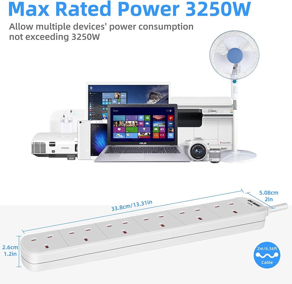 Extension Lead, 6 Gang Way Extension Cord with 2M Extension Cable | eBay UK