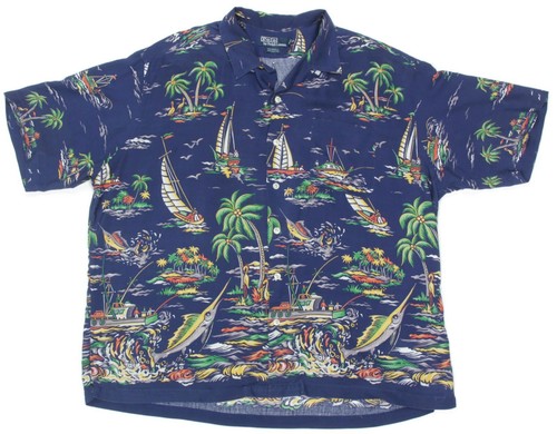 Vtg Polo Ralph Lauren Caldwell Hawaiian Shirt Marlin Fishing Boat Print ...