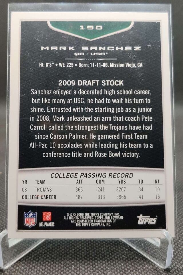 2009 Bowman #190 Mark Sanchez Rookie RC USC Trojans Jets football card ...