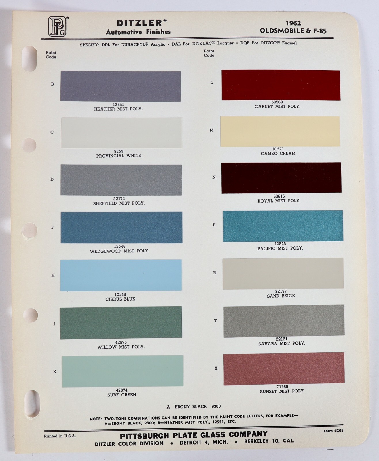 1962 Oldsmobile Color Paint Chip Sheet Ditzler PPG Automotive Finishes ...