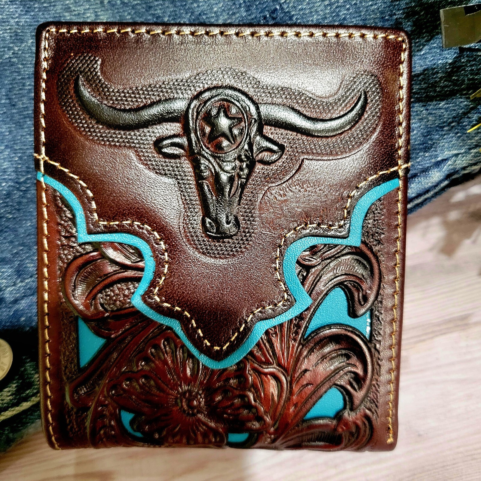 Longhorn Texas Mens wallet Western GENUINE LEATHER Short handtooled ...