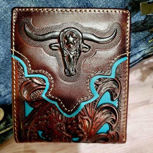 Longhorn Texas Mens wallet Western GENUINE LEATHER Short handtooled ...