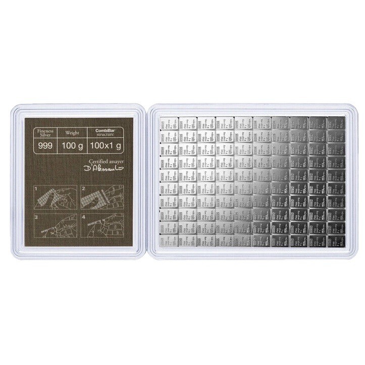 5X Valcambi 100 x 1 Gram Silver CombiBars - In Assay Cards. (500 g ...