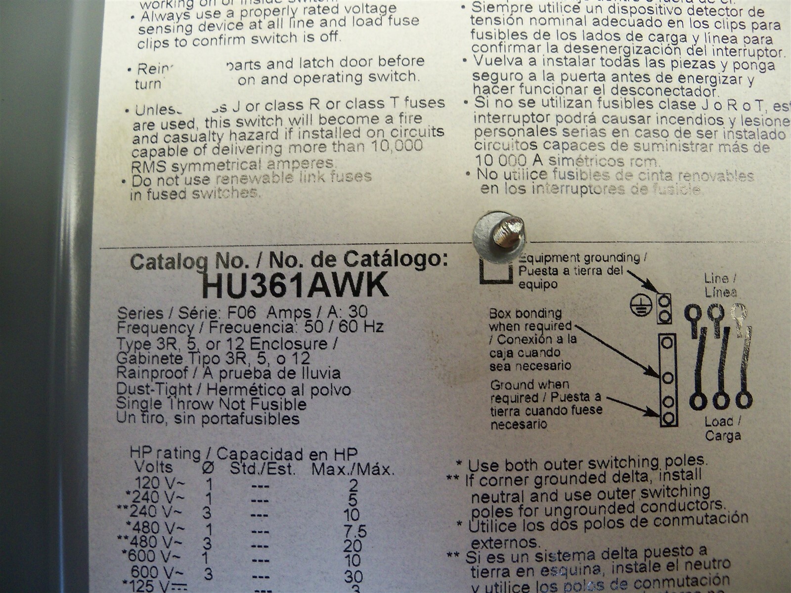 Square D 30 amp 600 volt Safety Switch Hu361awk | eBay