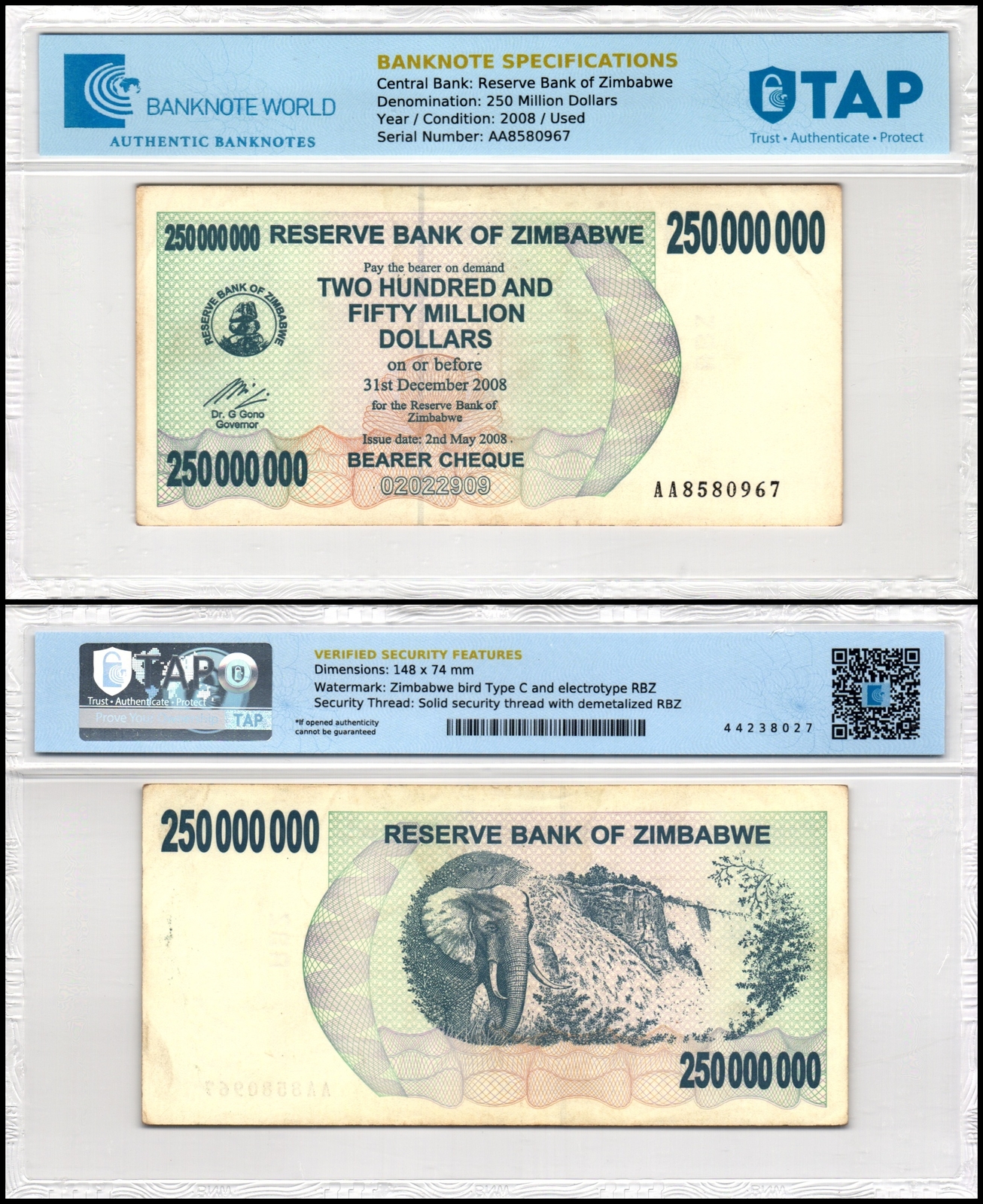 Zimbabwe 250 Million Dollars Bearer Cheque, 2008, P-59, Used ...