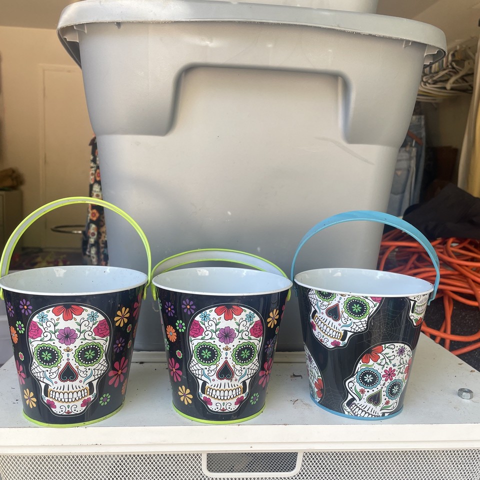 3 Skull Halloween Sugar Skulls Dish Bowl Metal Skeleton Bucket ...