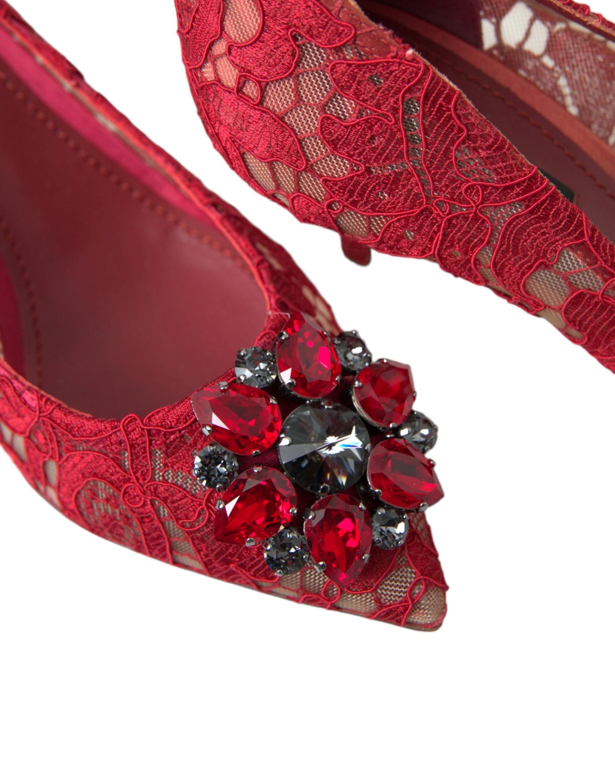 Dolce&Gabbana Women Red Pumps Cotton Blend Crystals Floral Lace High ...