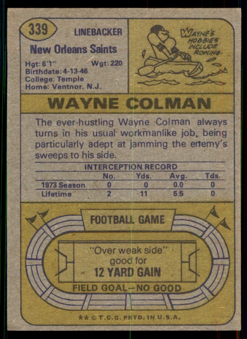 1974 Topps Wayne Colman Football Cards #339 | eBay