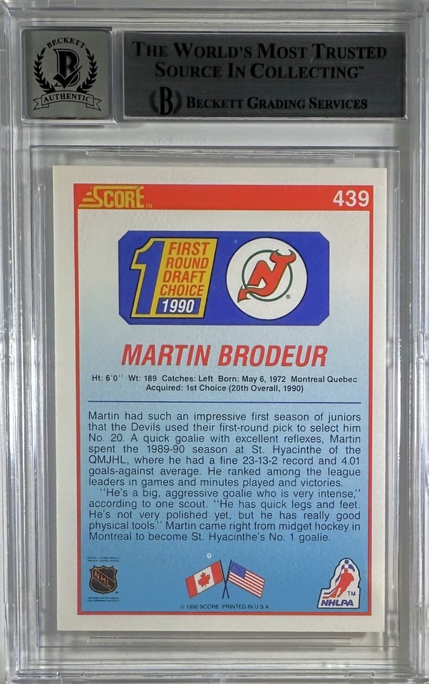 Martin Brodeur auto rookie card 1990 Score #439 New Jersey Devils BAS ...