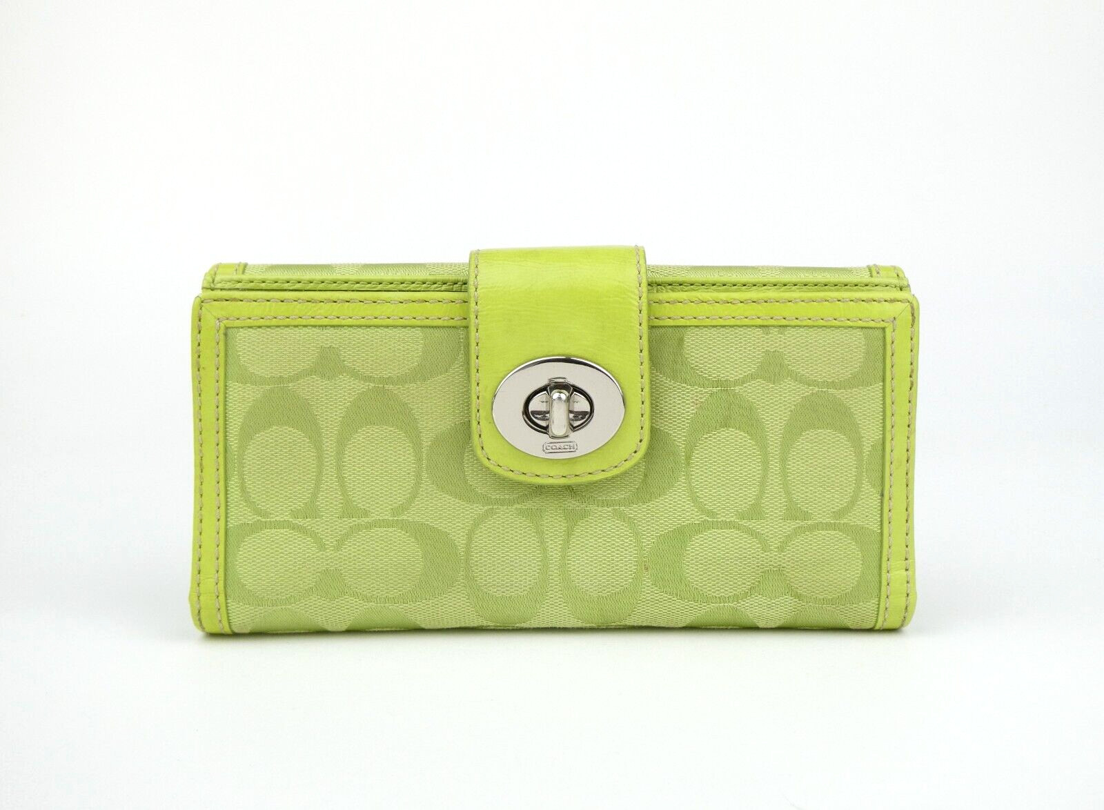 Coach Signature Lime Green Turnlock Bifold Wallet - Gem