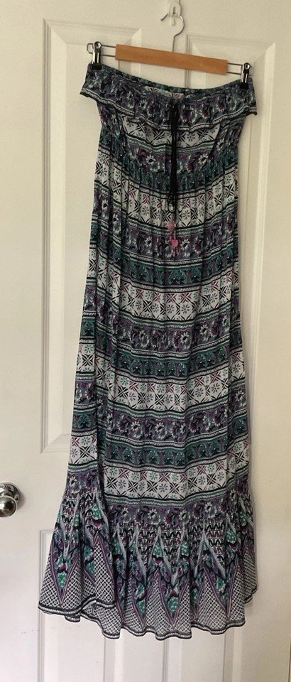 Sundress Boho Off Shoulder Long Cotton Purple Green Print Dress Small ...