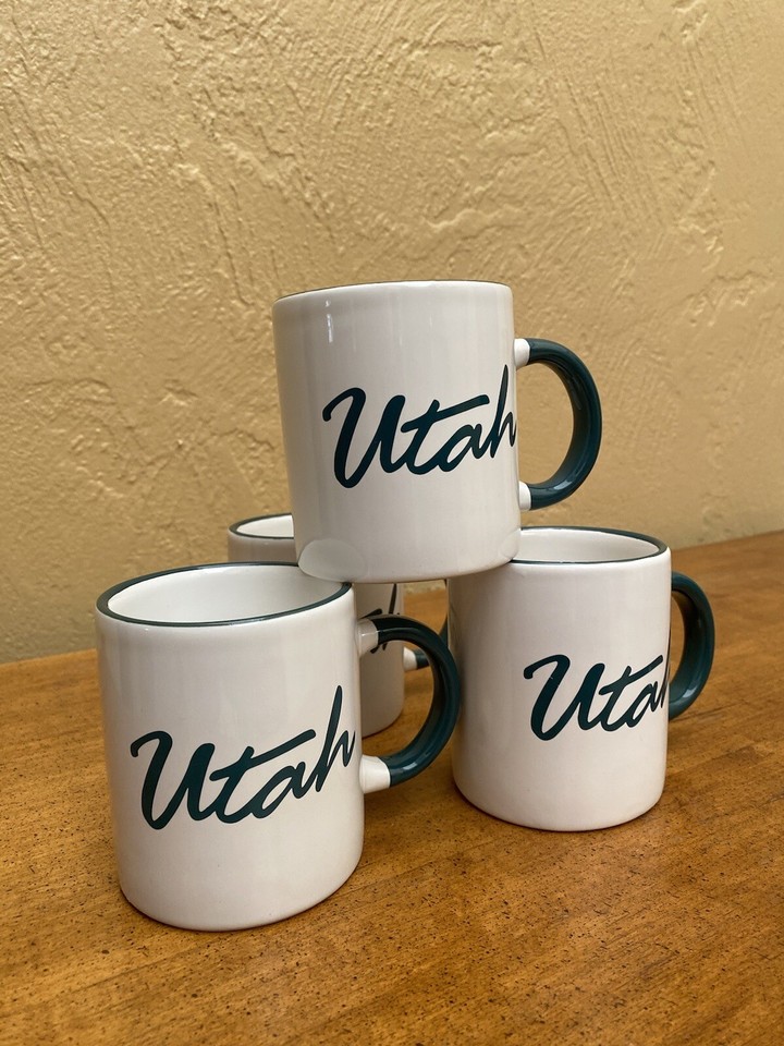 Utah Coffee Mugs Set Of 4 Green White Ceramic Vintage Cups | eBay