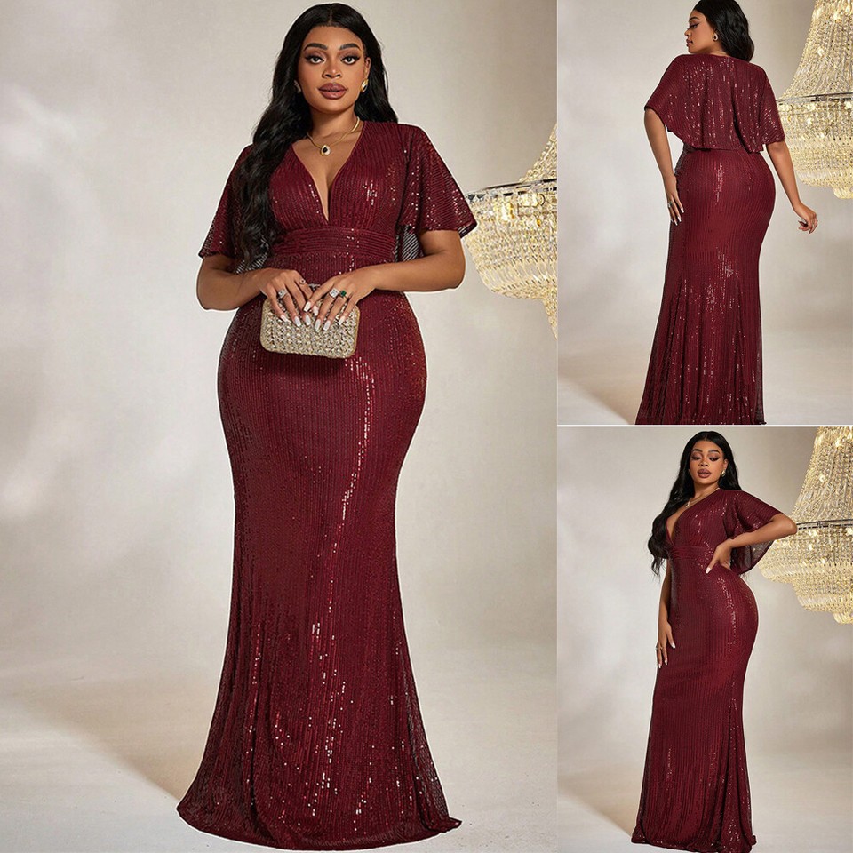 African Women Sequin Formal Abaya V-neck Bodycon Maxi Dresses Party ...