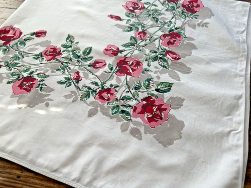 Vintage Simtex Table Cloth 46X50 Floral Print Pink Long Stem Rose ...