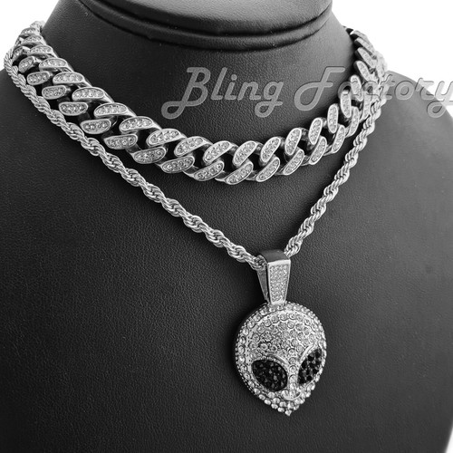 Hip Hop Silver PT Alien Pendant w/ 24" Rope Chain & 18" Iced Cuban ...