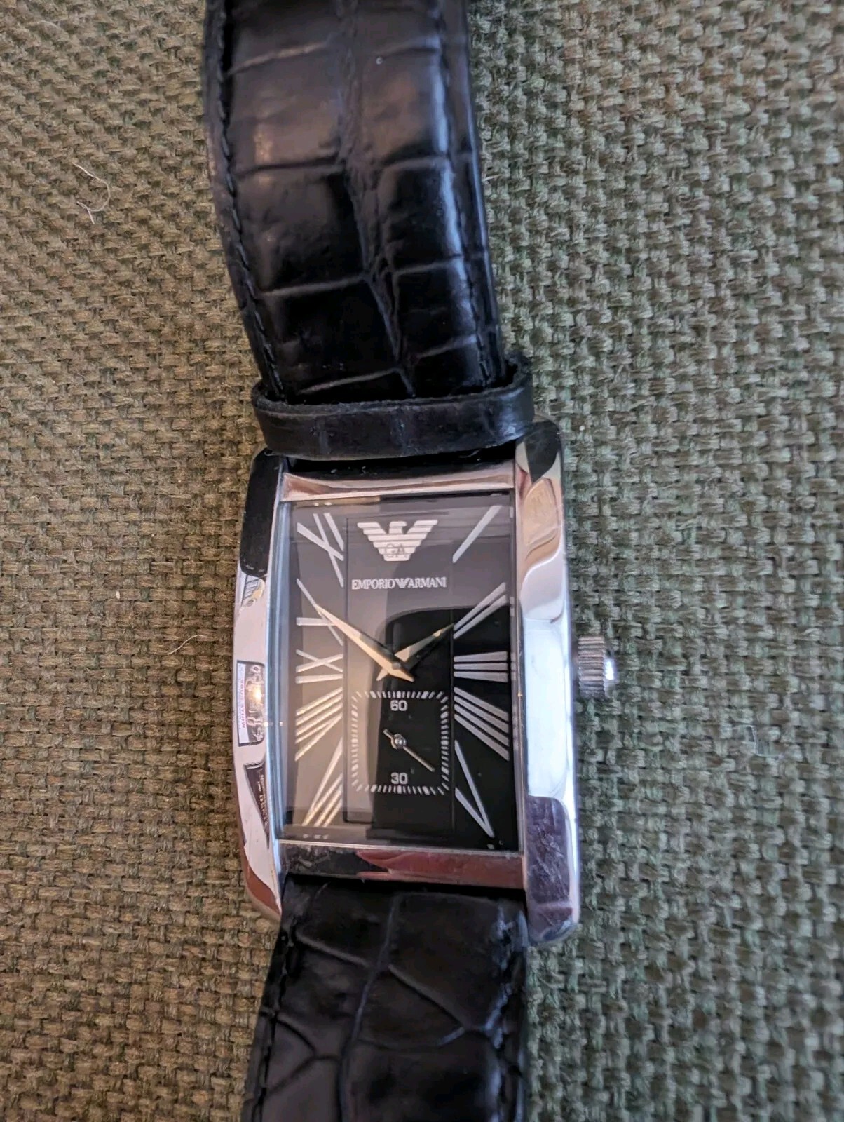 EMPORIO ARMANI AR0143 MEN'S CLASSIC RECTANGULAR BLACK STRAP WATCH ...