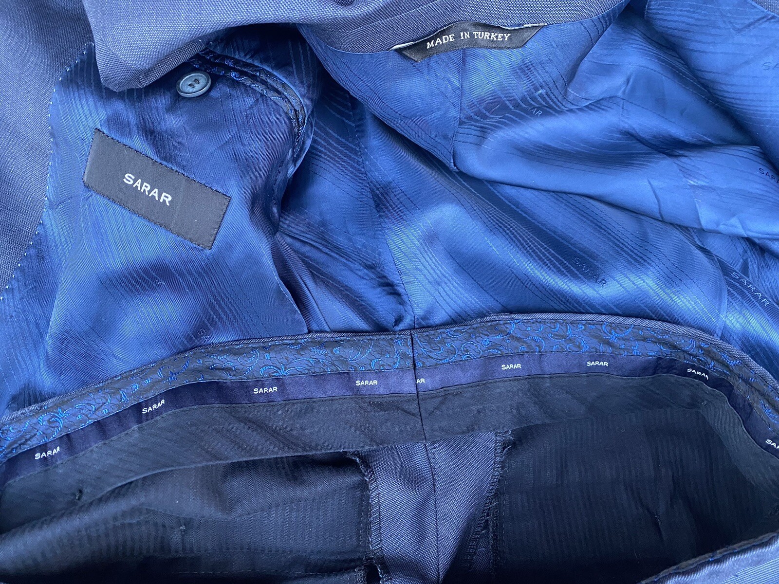 Men’s Sarar 2 PC Suit 100% Wool Dark Blue Two Button Jacket 40L Pant 34 ...