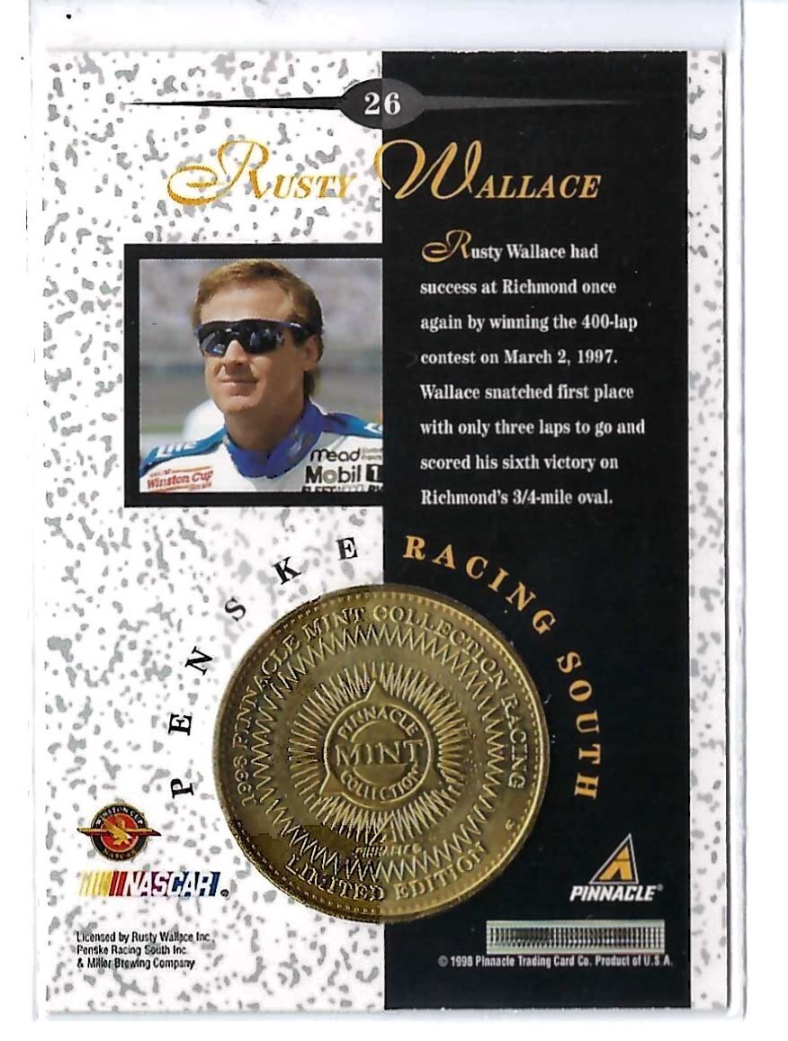 1998 Pinnacle Mint Collection Minted Moments Rusty Wallace with brass ...