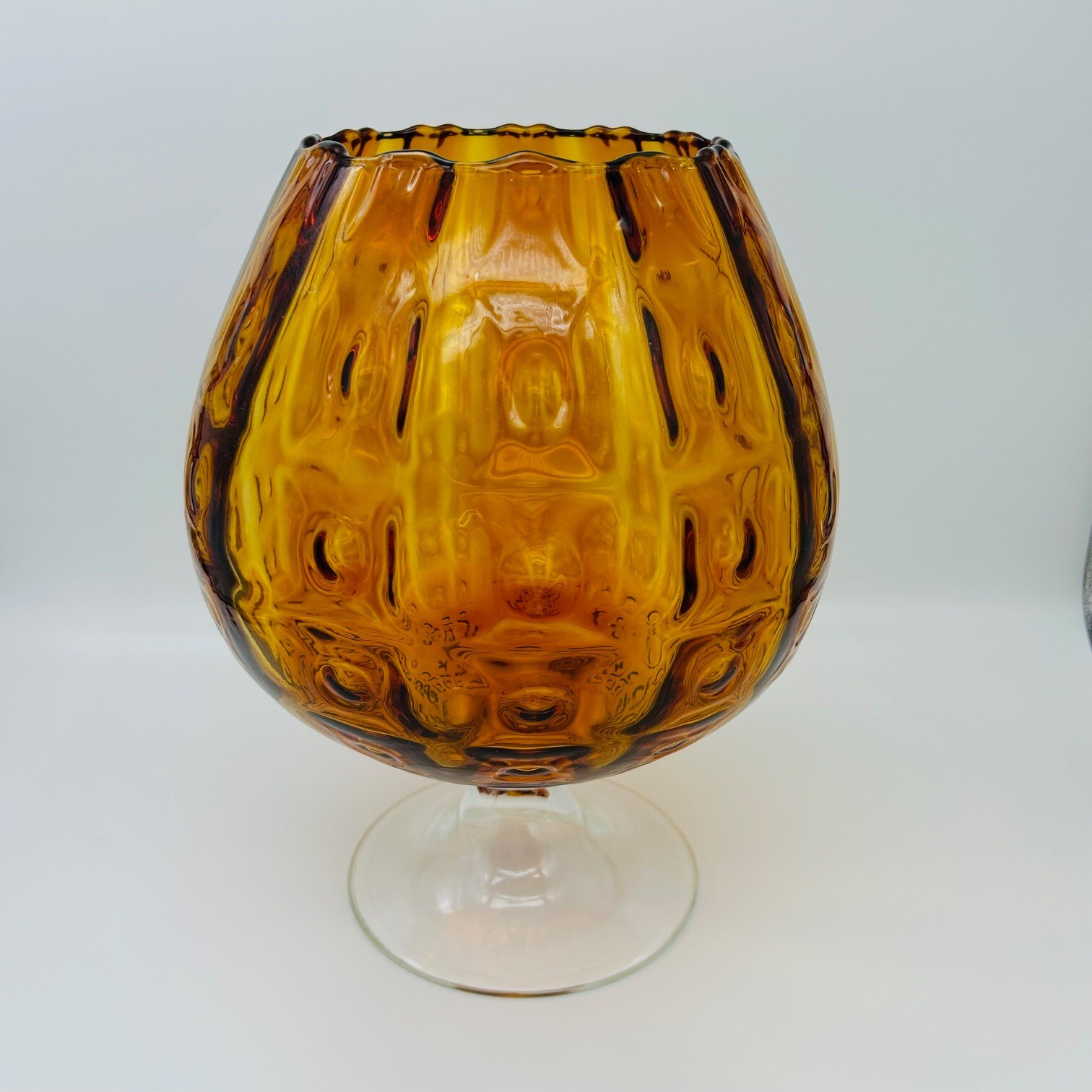 Vtg Blown Glass 11 inch Brandy Snifter Vase Amber Block Pattern w Clear ...