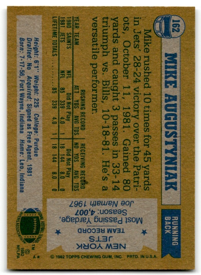 1982 Topps Mike Augustyniak Rookie New York Jets #162 | eBay
