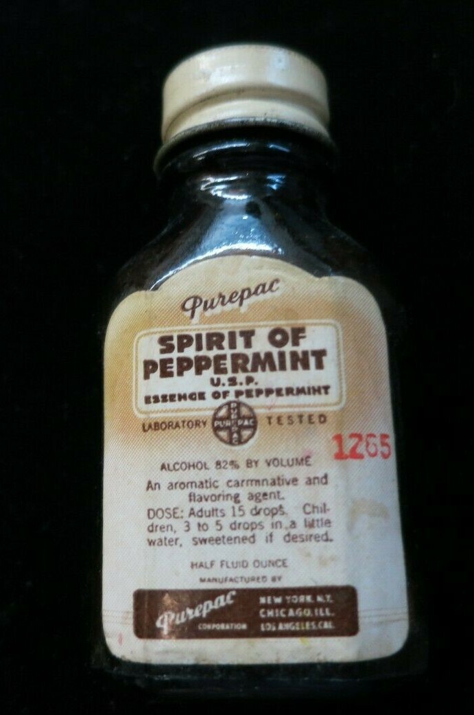 3" HIGH PUREPAC SPIRIT OF PEPPERMINT PAPER LABEL MEDICINE BOTTLE EMPTY ...