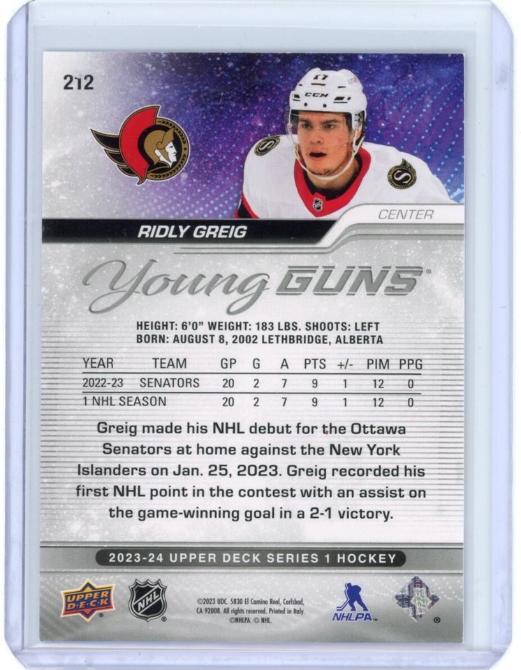 RIDLEY GREIG 2023-24 UPPER DECK SERIES 1 YOUNG GUNS EXCLUSIVES 32/100 ...