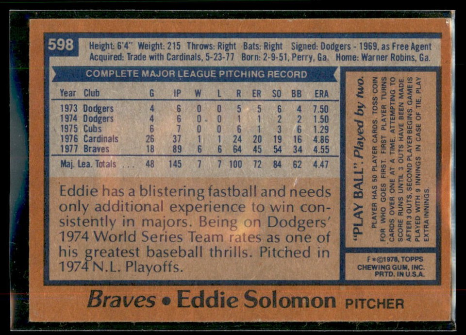 1978 Topps Eddie Solomon #598 Atlanta Braves | eBay