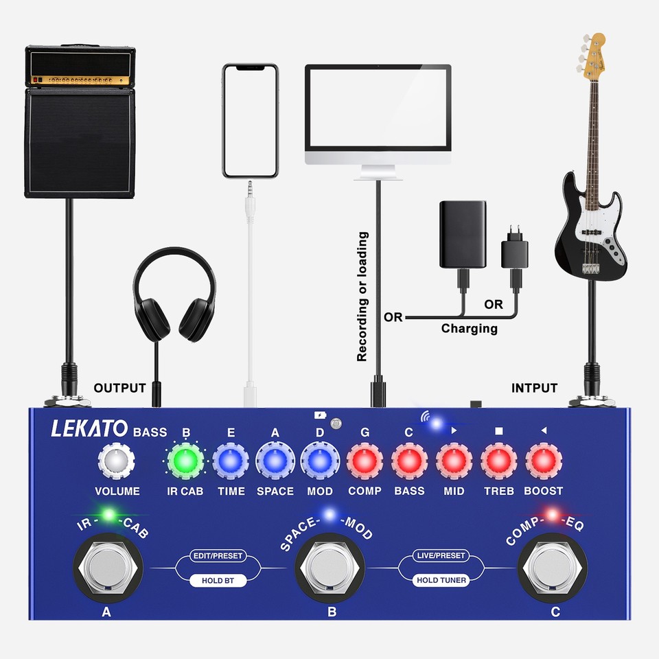 LEKATO Bass Multi Effects Pedal with IR Loading 9 AMP Models/Bluetooth ...