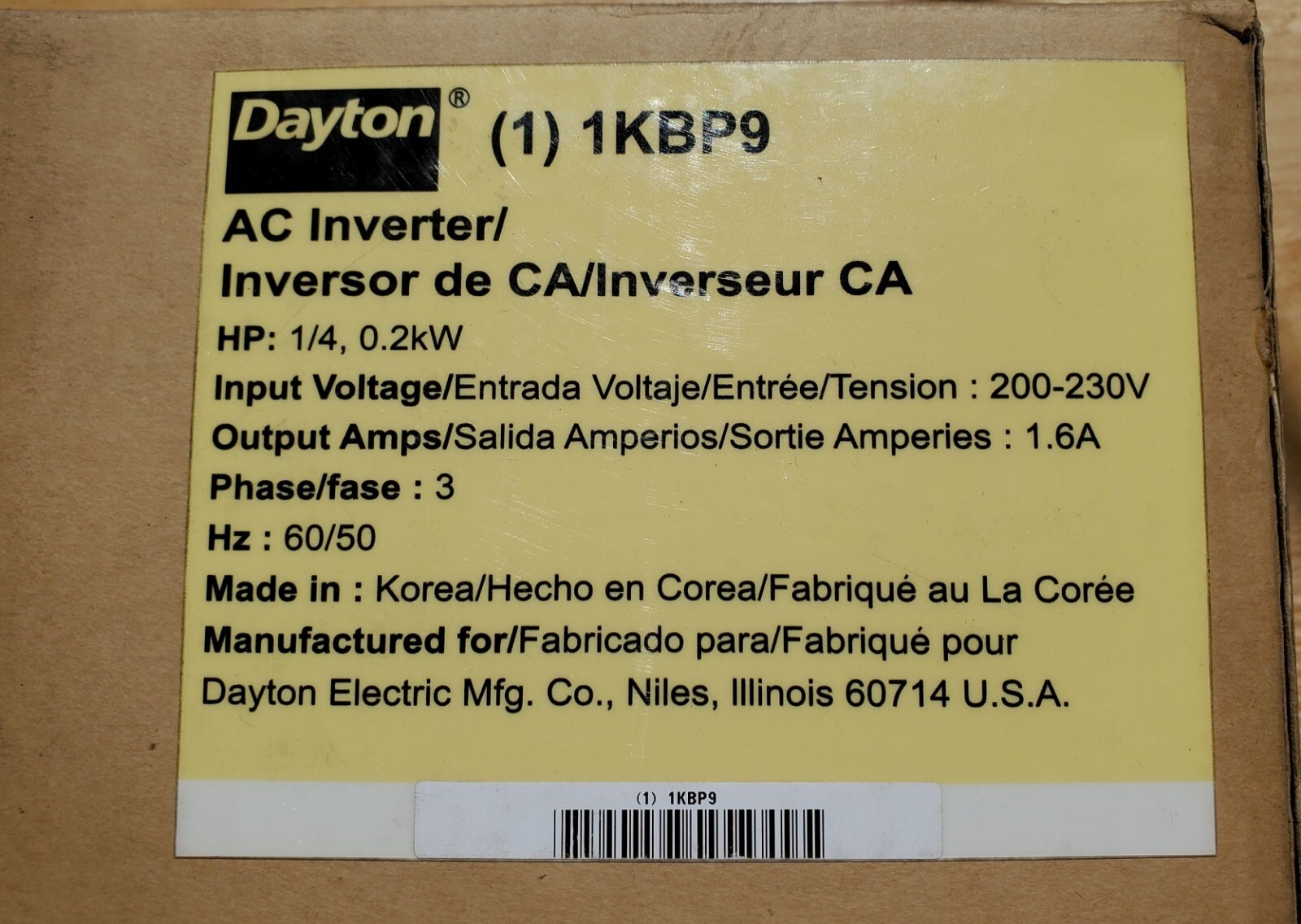 Dayton AC Inverter Adjustable Frequency Drive 1/4 HP 0.2 KW 3 Ph 230v ...