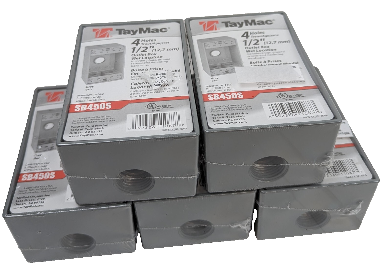 5 TayMac SB450S 1-Gang Weatherproof Outlet Box Gray Four 1/2" Outlets ...