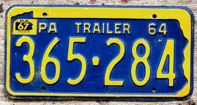 1964 Yellow on Blue Pennsylvania Trailer License Plate with a 1967 ...