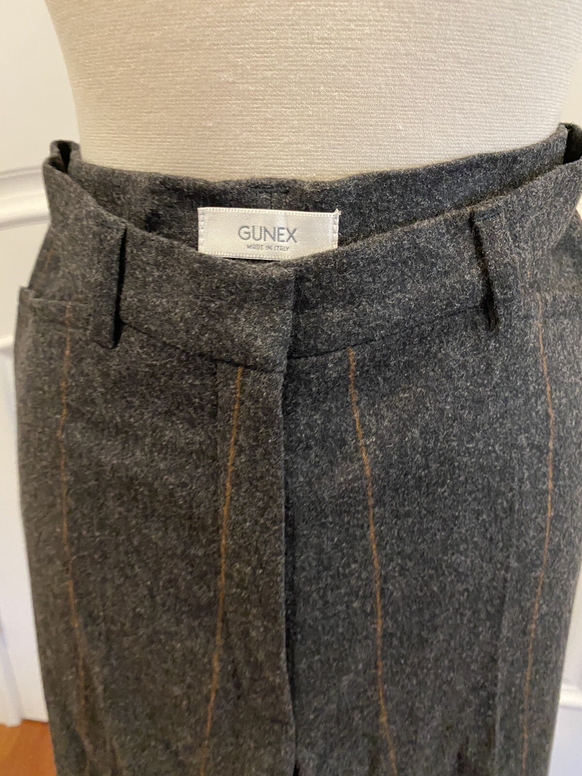 Gunex Charcoal Grey And Brown Wool Striped Wide Leg Dress Pants ...